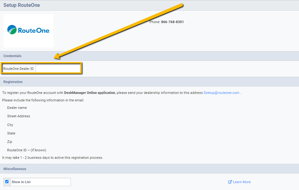 RouteOne Configuration – AutoManager