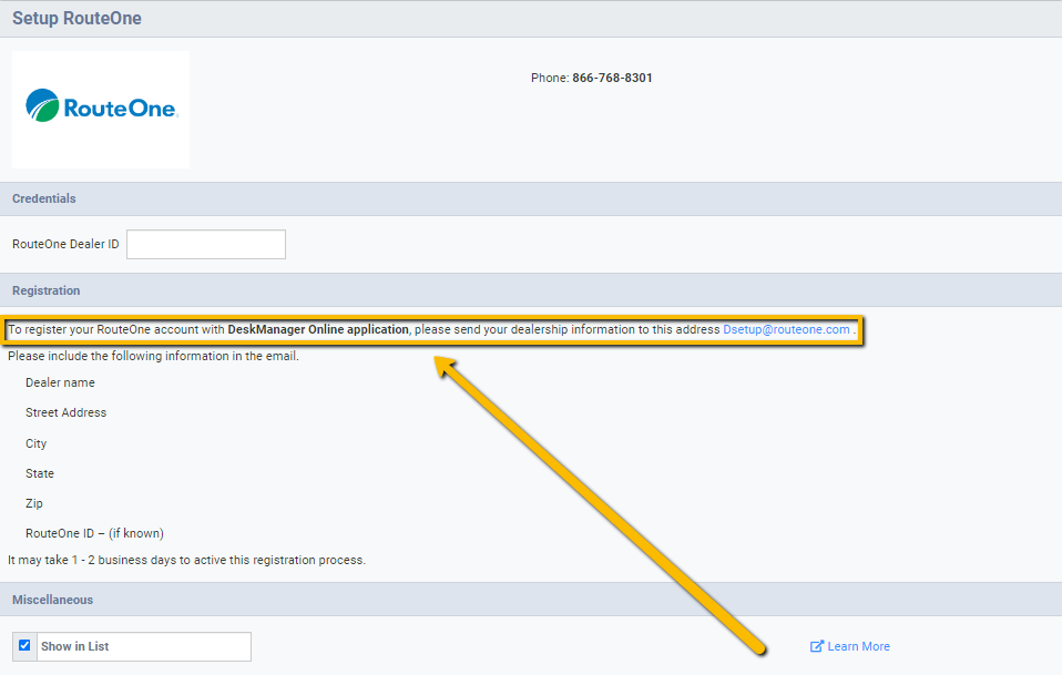 RouteOne Configuration – AutoManager
