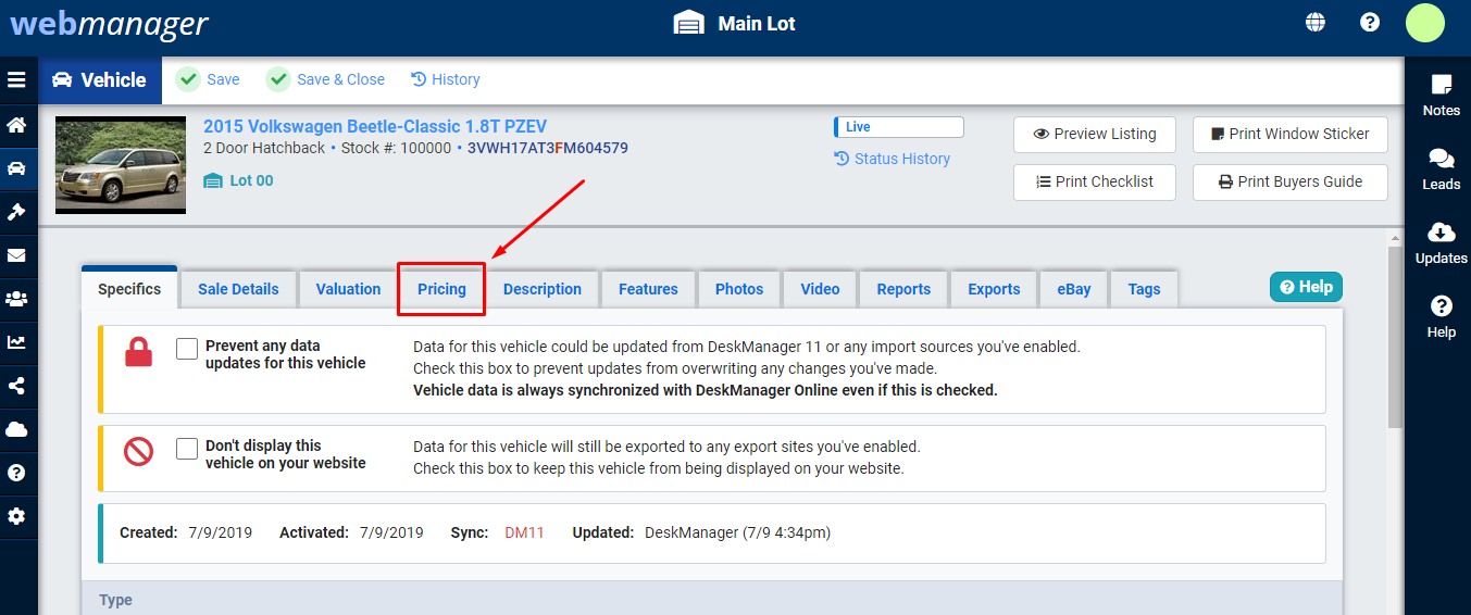 Vehicle Details – Pricing – AutoManager