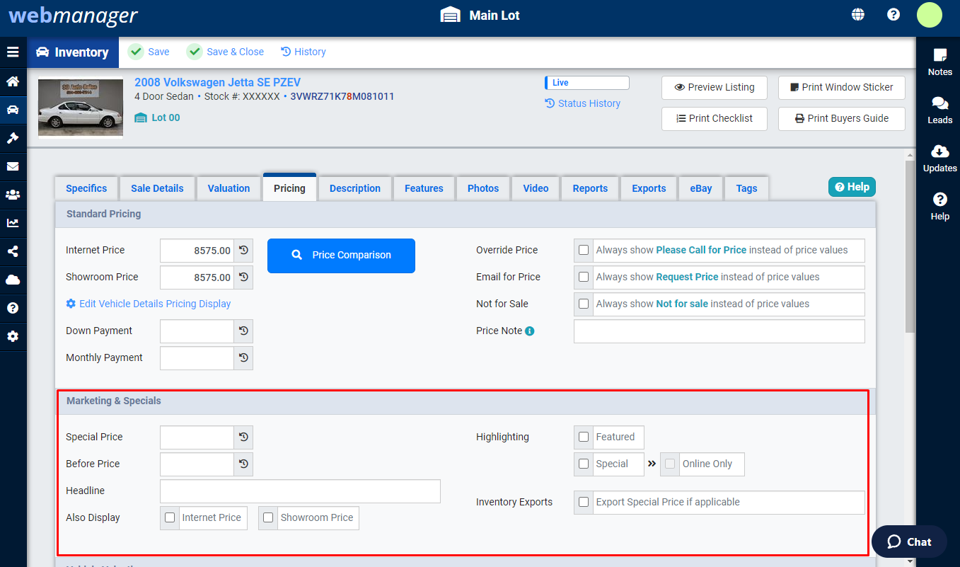 Vehicle Details – Pricing – AutoManager