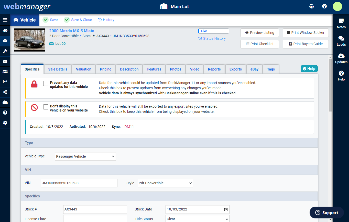 Vehicle Details – Specifics – AutoManager
