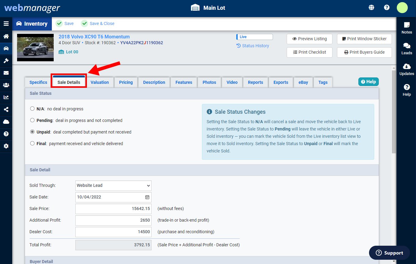 Vehicle Details – Sale Details – AutoManager