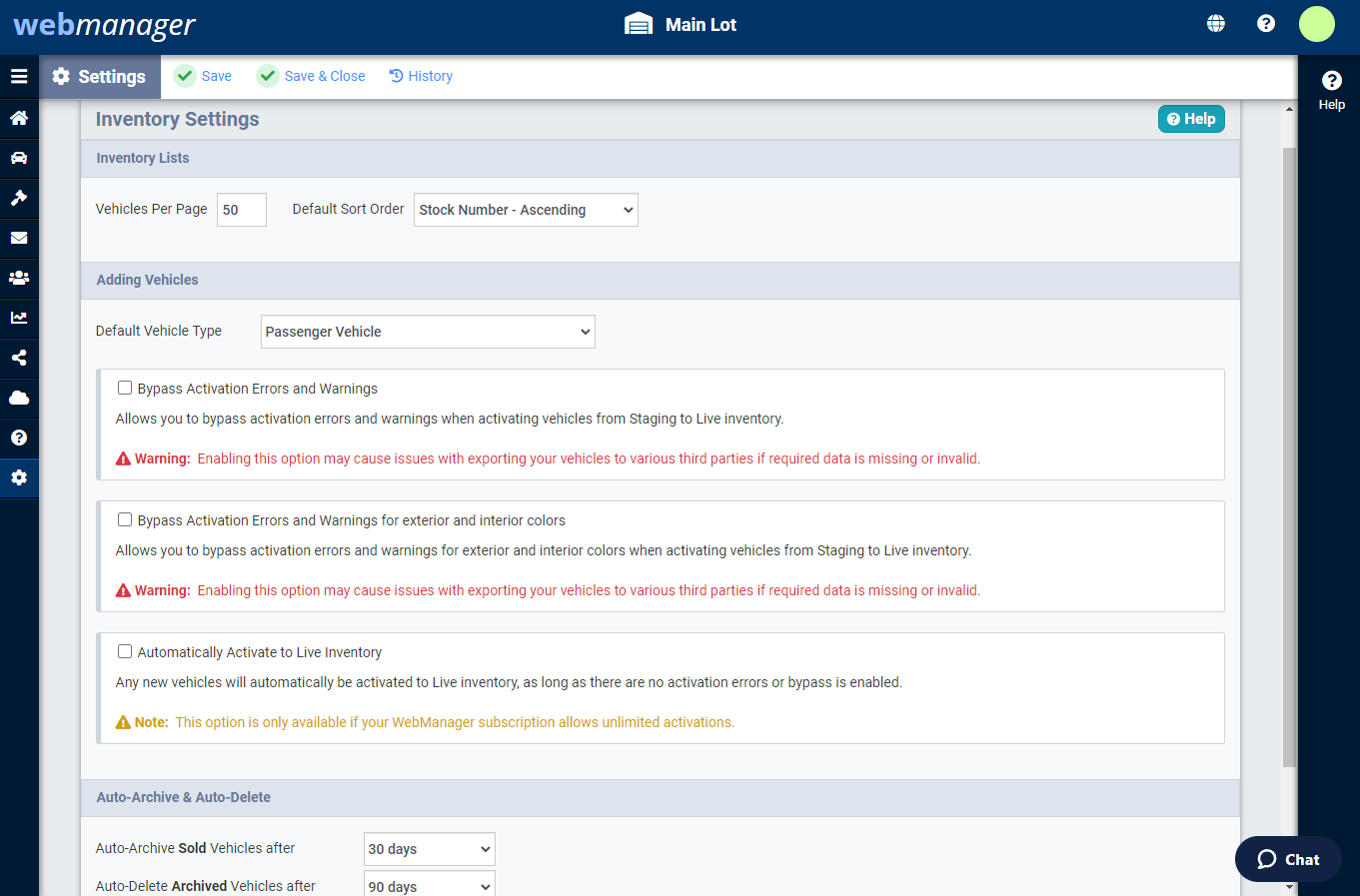 WebManager Inventory Settings – AutoManager