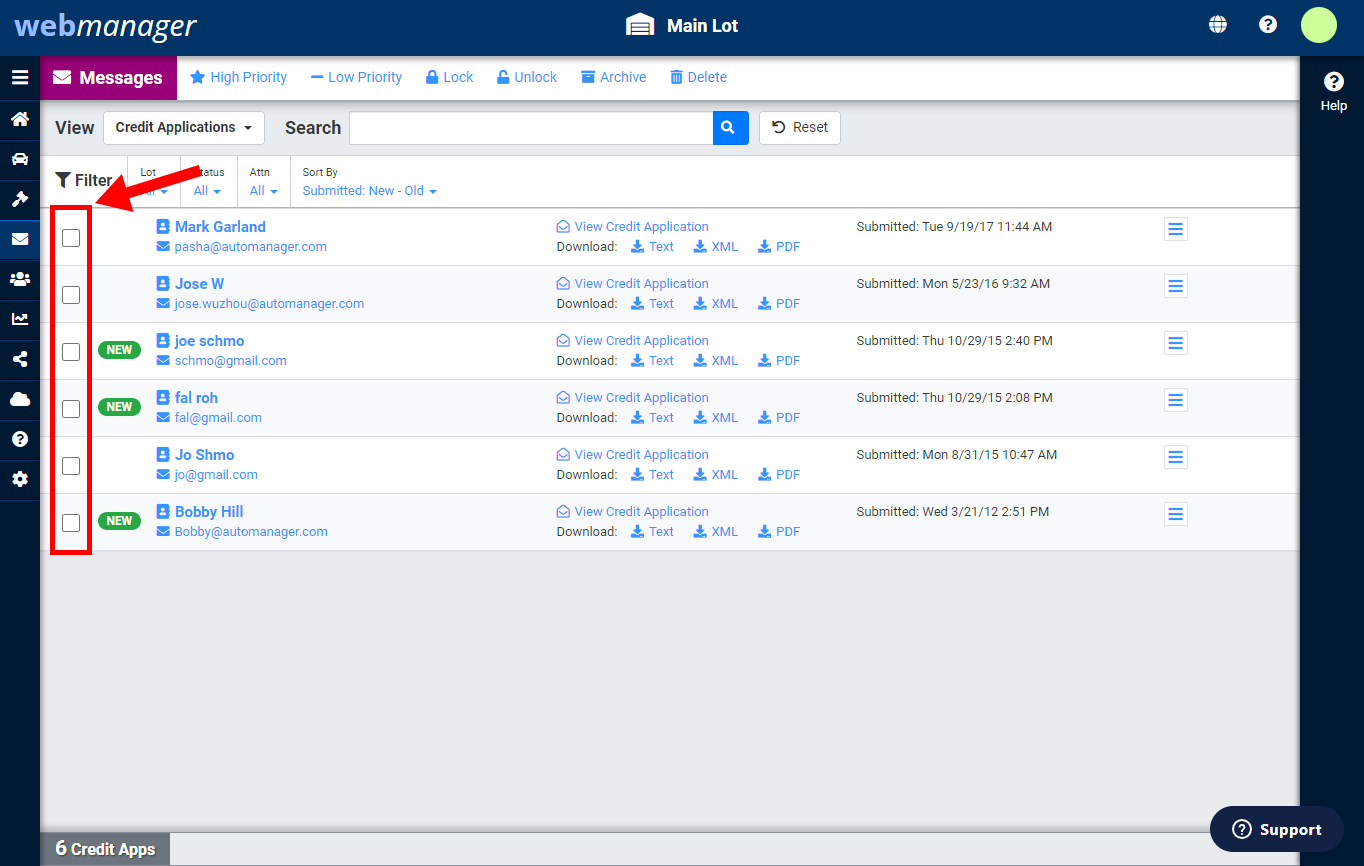 WebManager Credit Applications List – AutoManager
